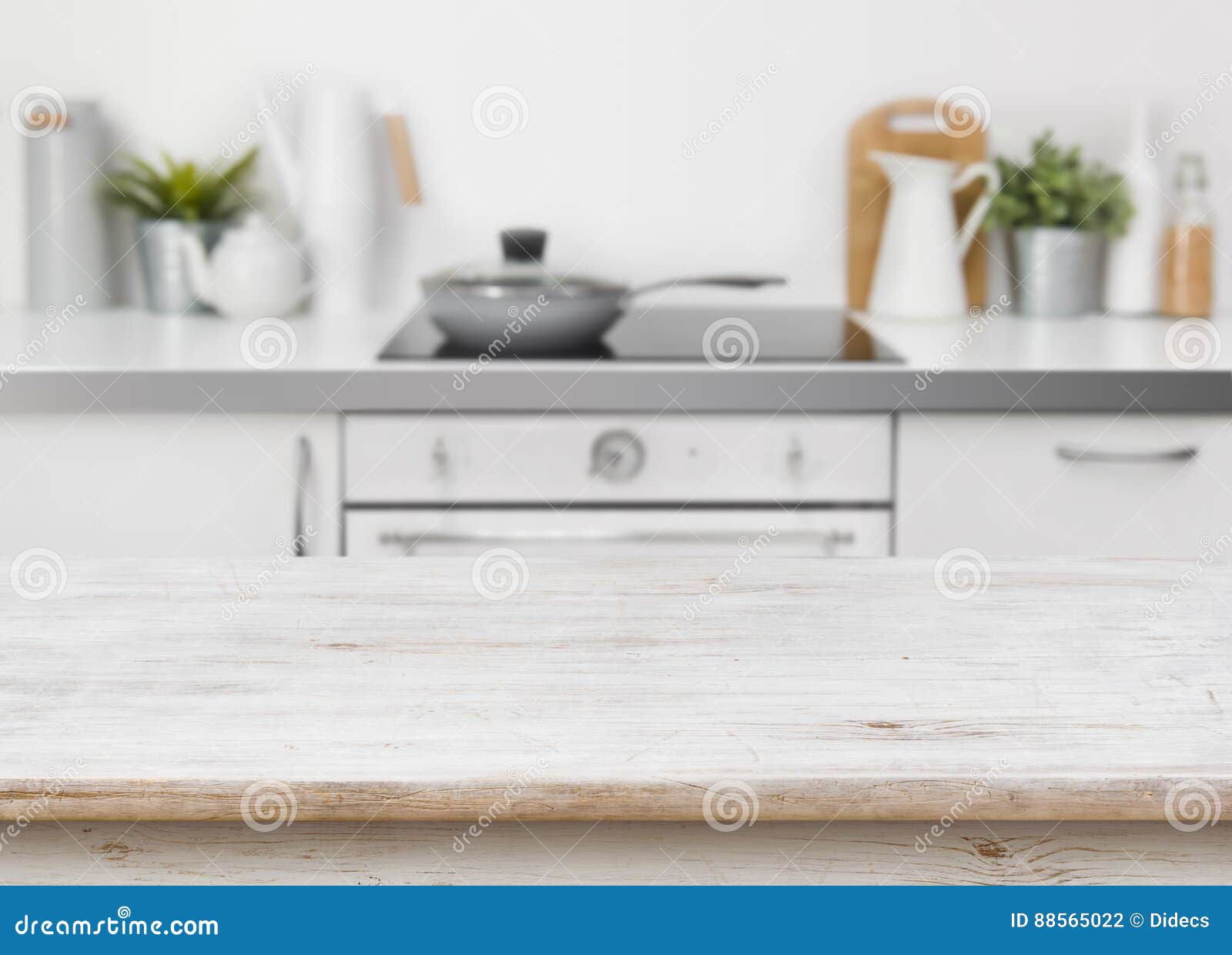 Bleached Wooden Texture Table on Defocused Kitchen Bench Interior ...