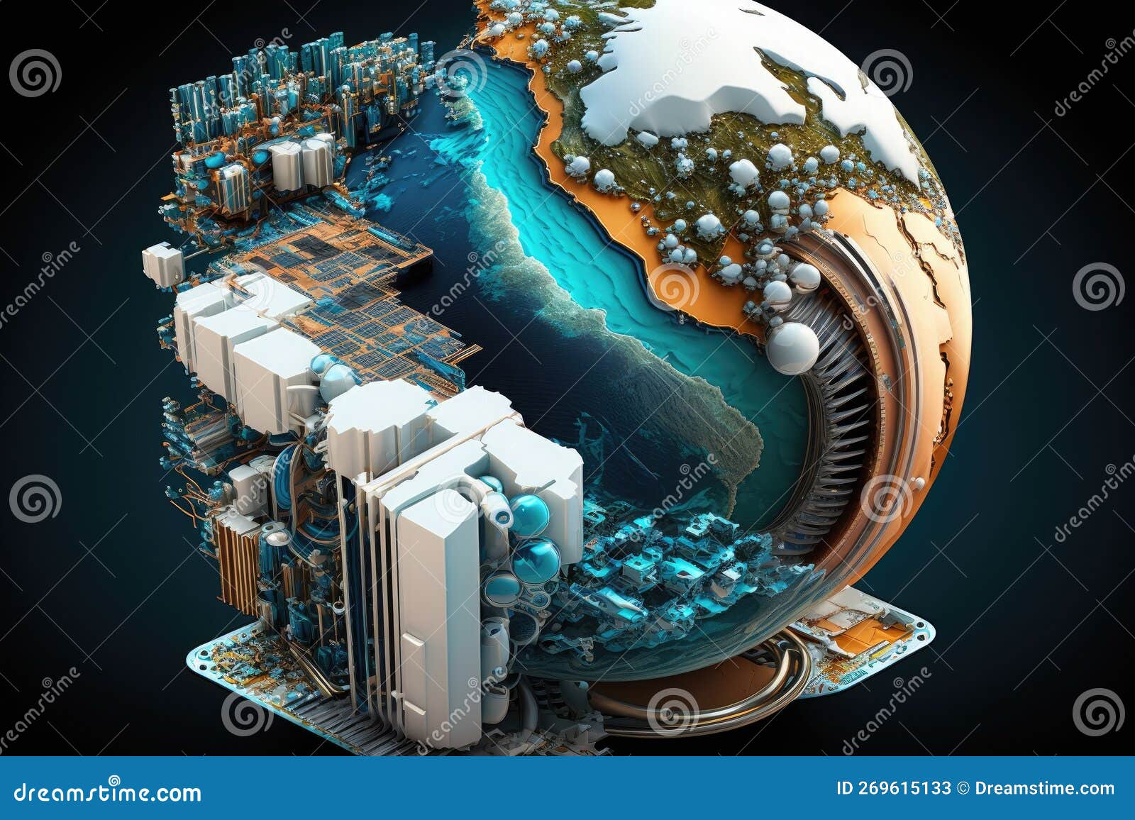 Blend between Computer Motherboard, Chip and Planet. Nature and ...