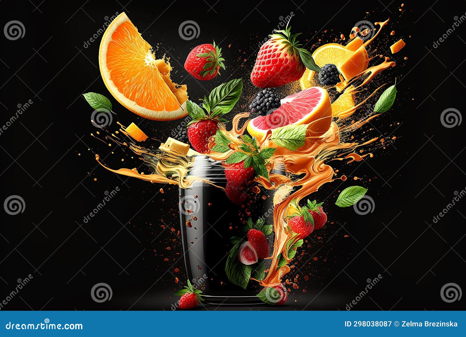 Blender With Fruit Flying, Isolated On Black Background, Fruit Juice ...