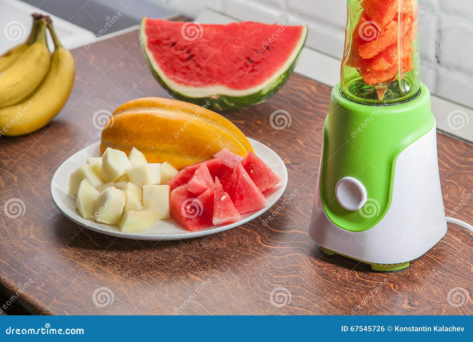Blender with Watermelon, Melon and Bananas Stock Photo - Image of ...