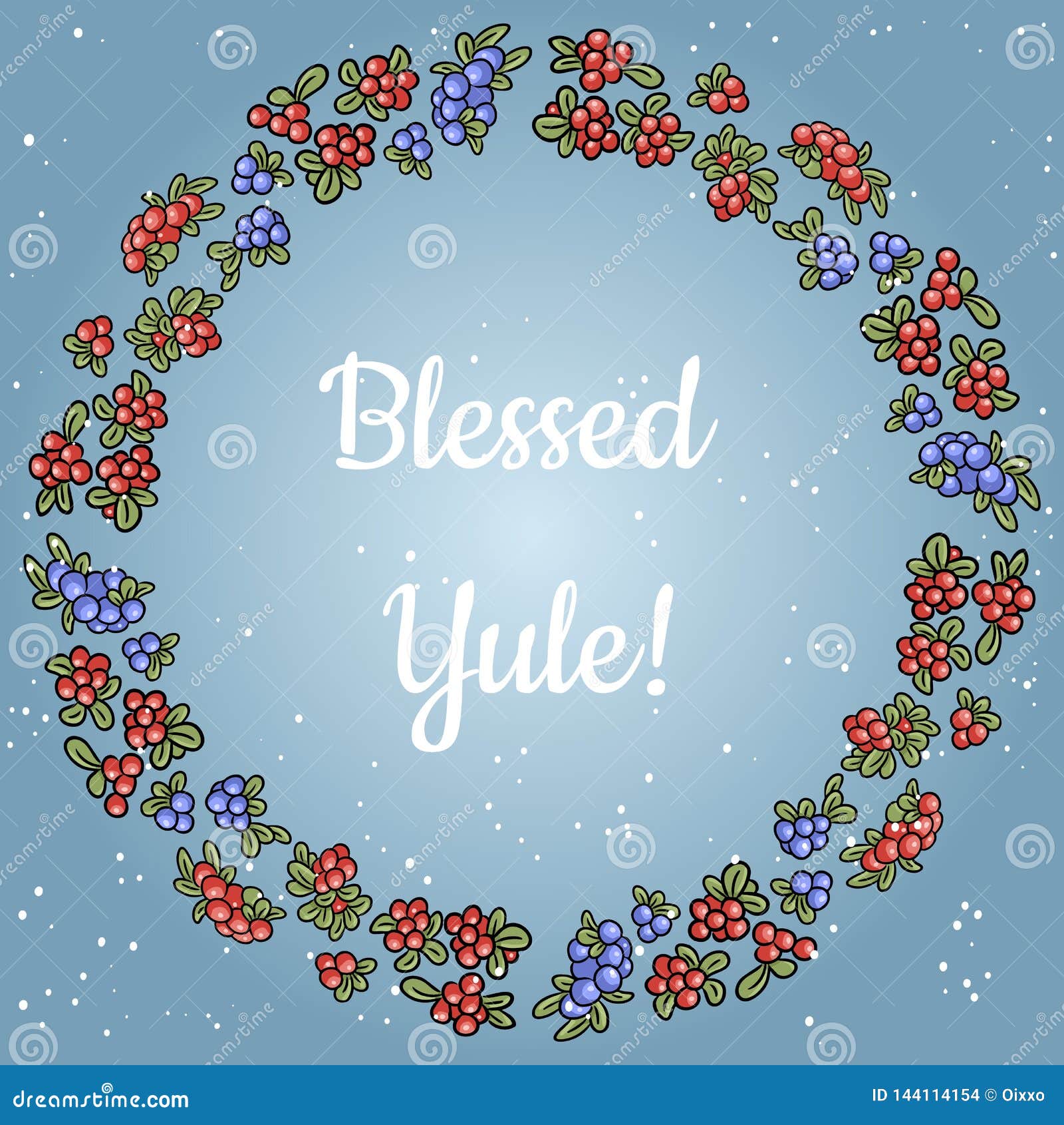 Blessed Yule Lettering in a Wreath of Red and Blue Berries. Vector ...