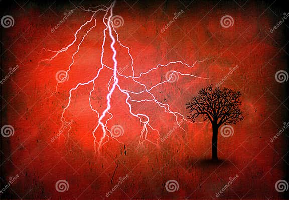 Bliksem en boom op rood stock illustratie. Illustration of bliksem ...