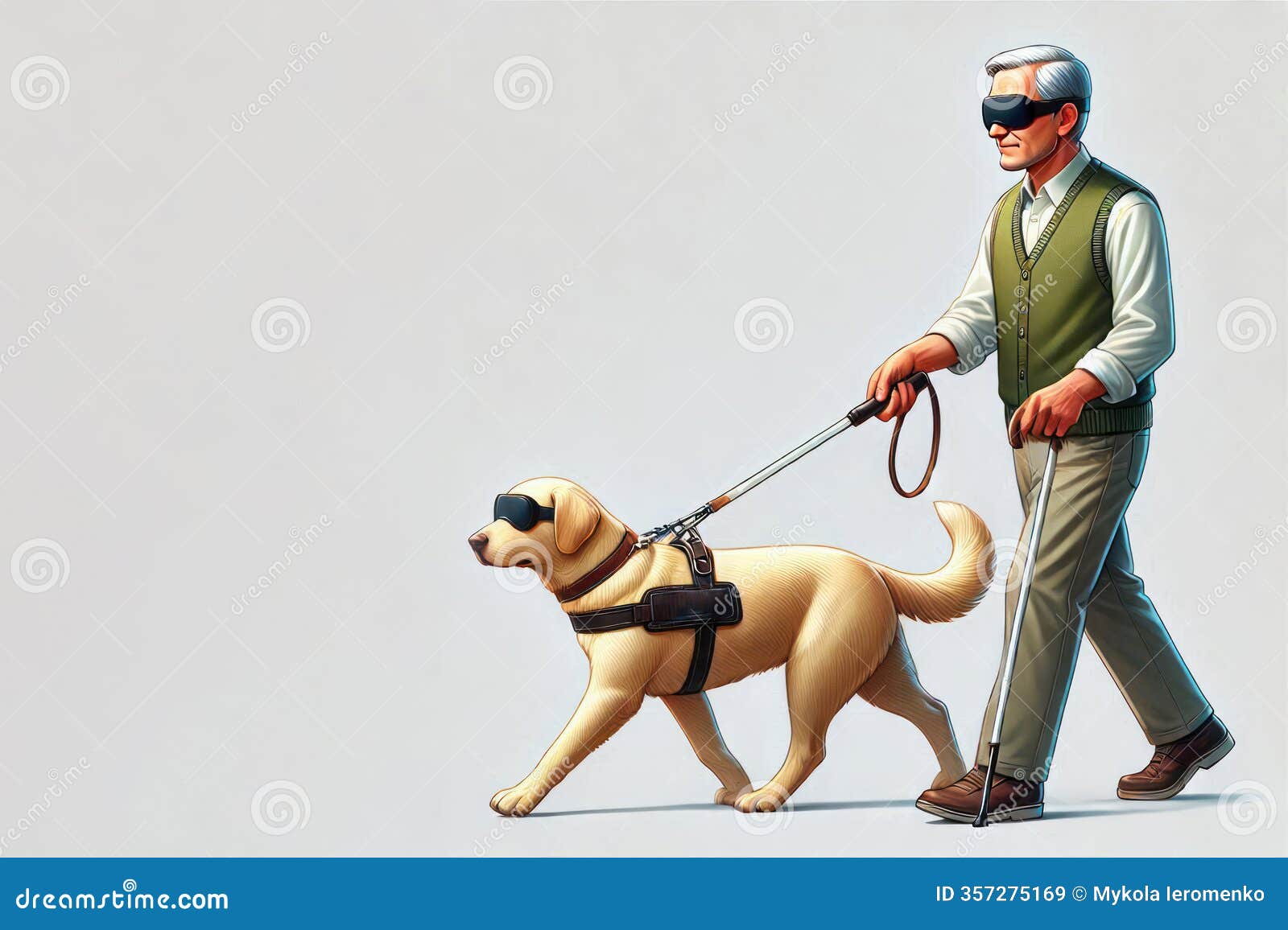 A Blind Elderly Man with a Guide Dog with His Eyes Closed. Space for ...