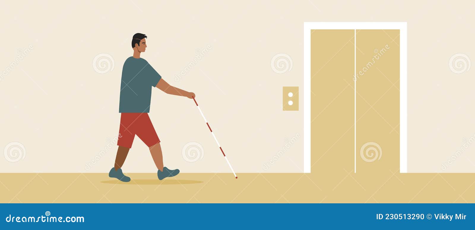Blind Man at Elevator, Flat Vector Stock Illustration with Visually ...