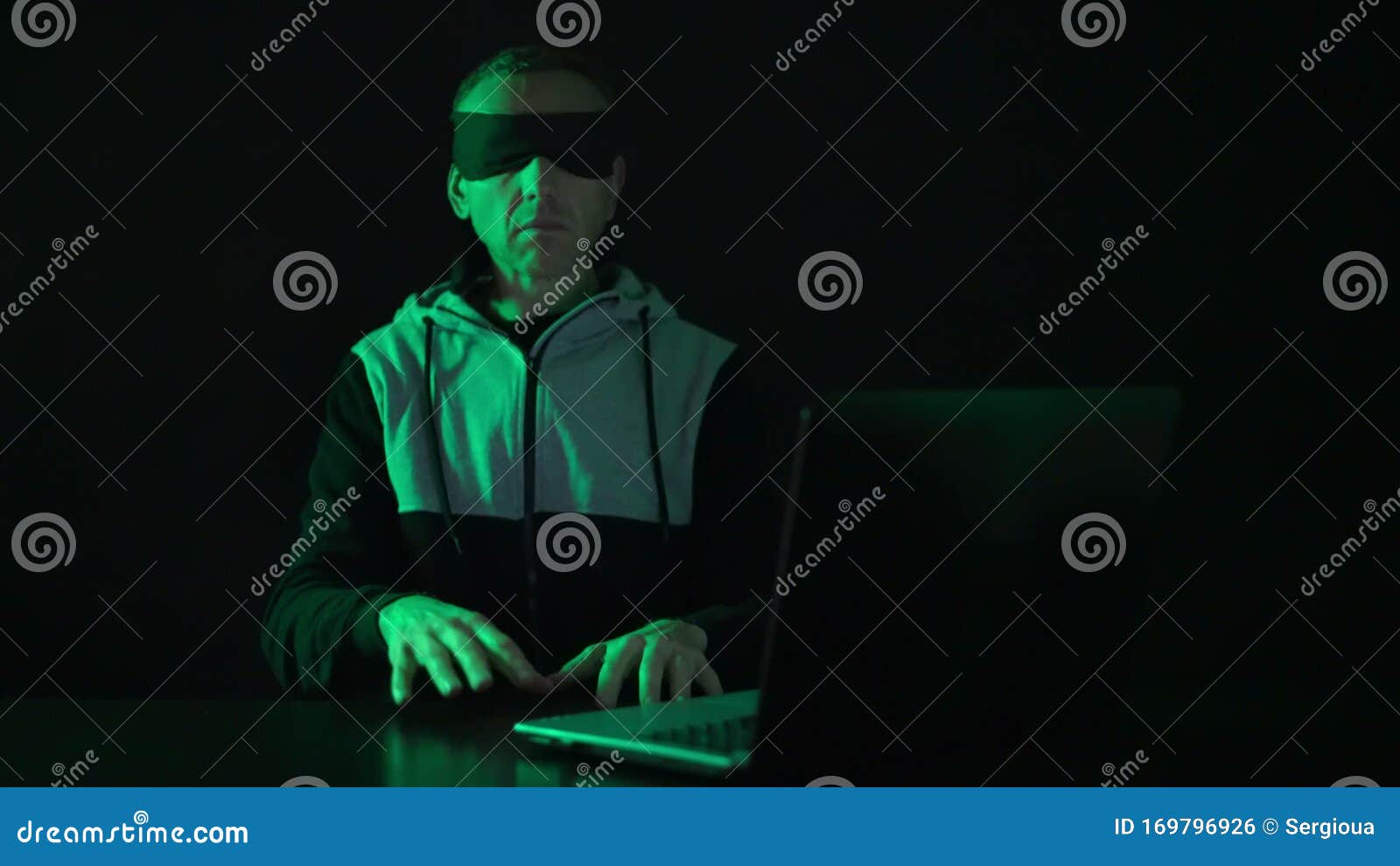 A Blind Man in Front of a Laptop Computer is Blind, Blindfolded Looking ...