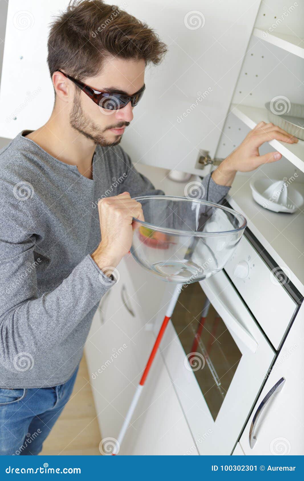 Blind man in kitchen stock image. Image of indoors, kitchen - 100302301