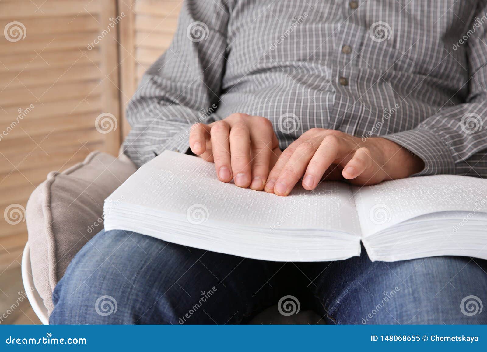 Blind Man Reading Book Written in Braille at Home Stock Image - Image ...
