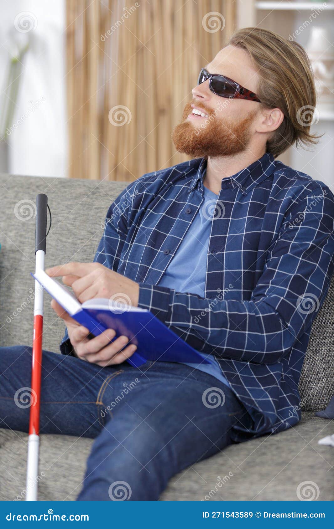 Blind Man Reading Braille Book on Sofa Stock Image - Image of script ...