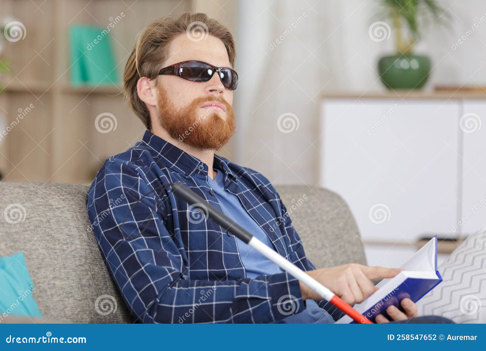 Blind Man Reading Braille at Home Stock Photo - Image of blind, beard ...