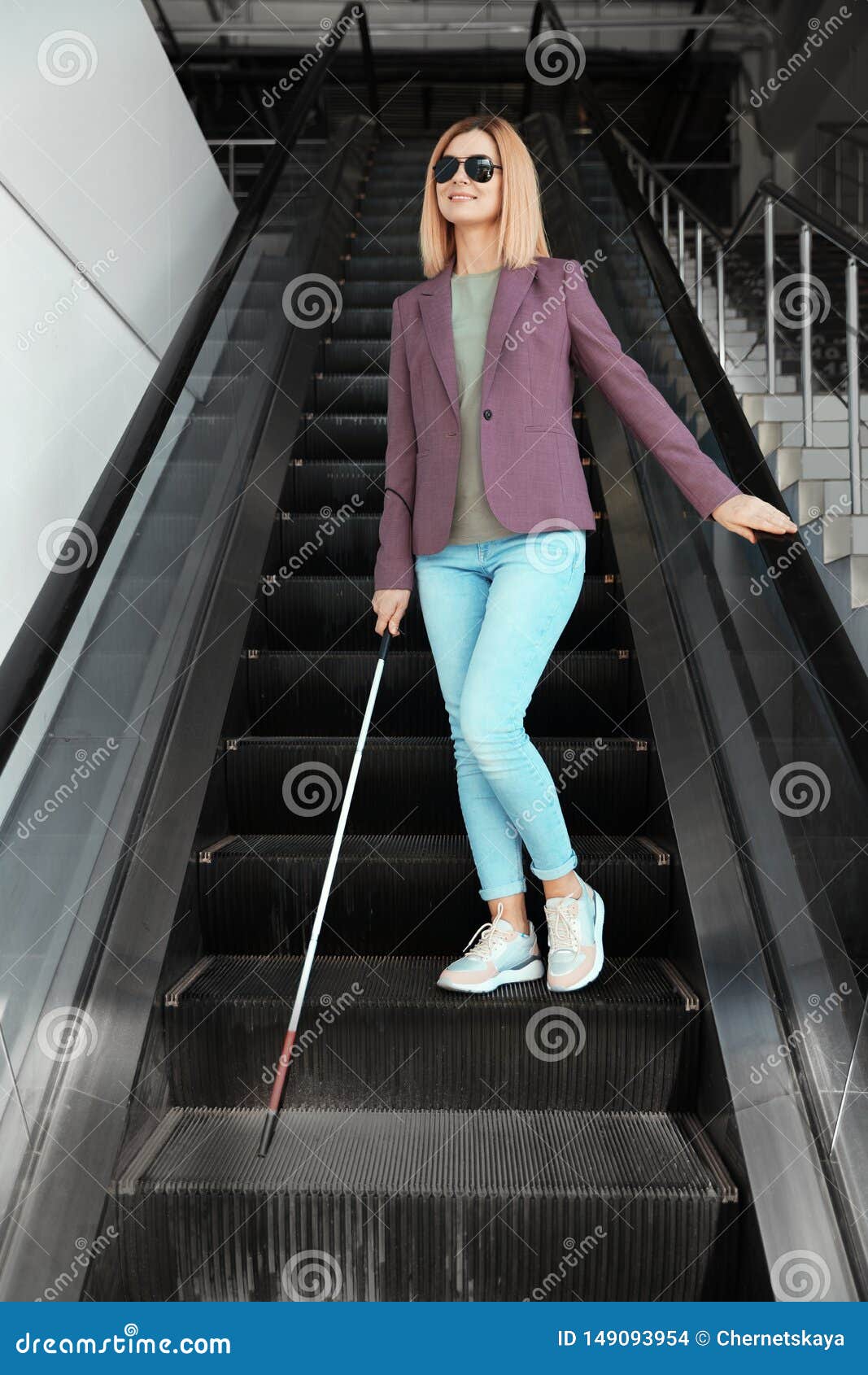 Blind Person with Long Cane on Escalator Stock Photo - Image of health ...