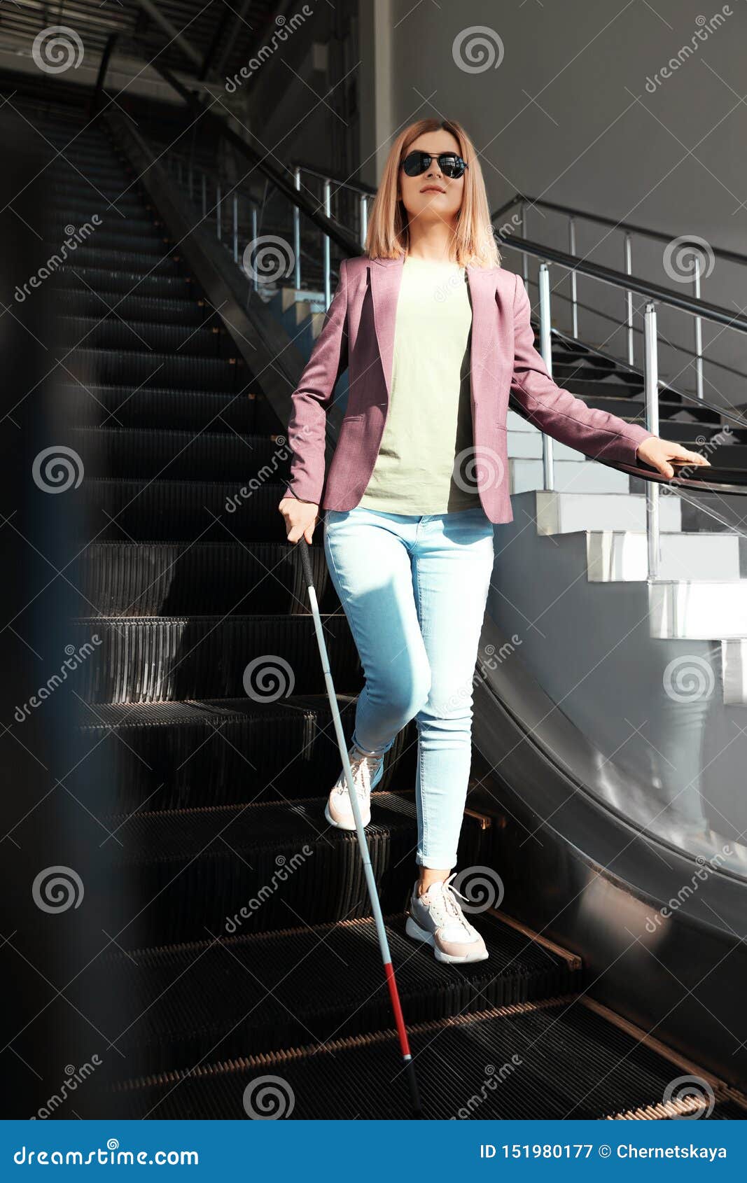 Blind Person with Long Cane on Escalator Stock Image - Image of ...