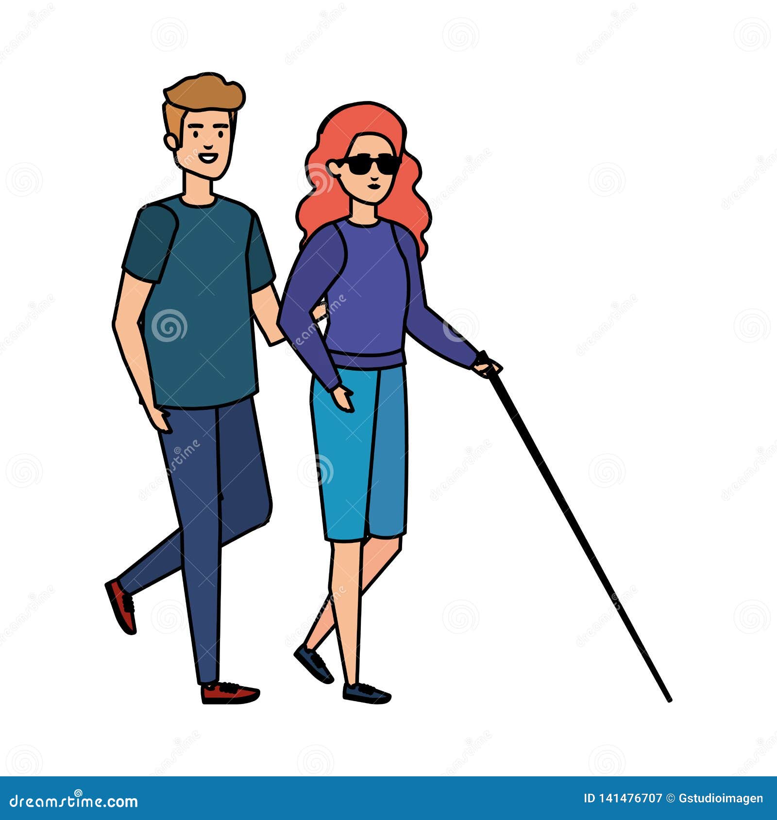 Blind Woman with Walking Stick and Helper Stock Vector - Illustration ...