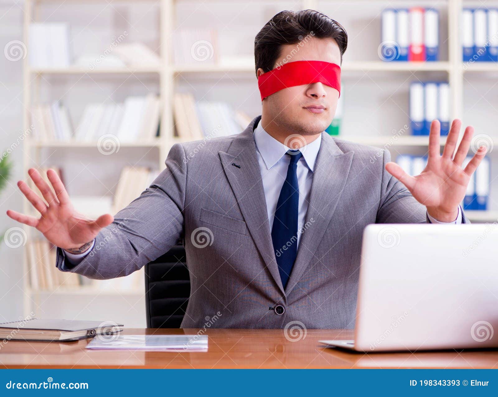 Blindfold Businessman Sitting at Desk in Office Stock Image - Image of ...