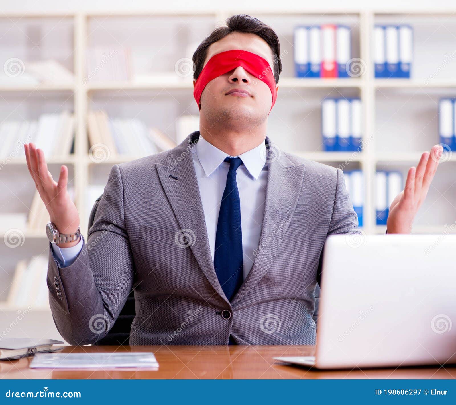 Blindfold Businessman Sitting at Desk in Office Stock Image - Image of ...
