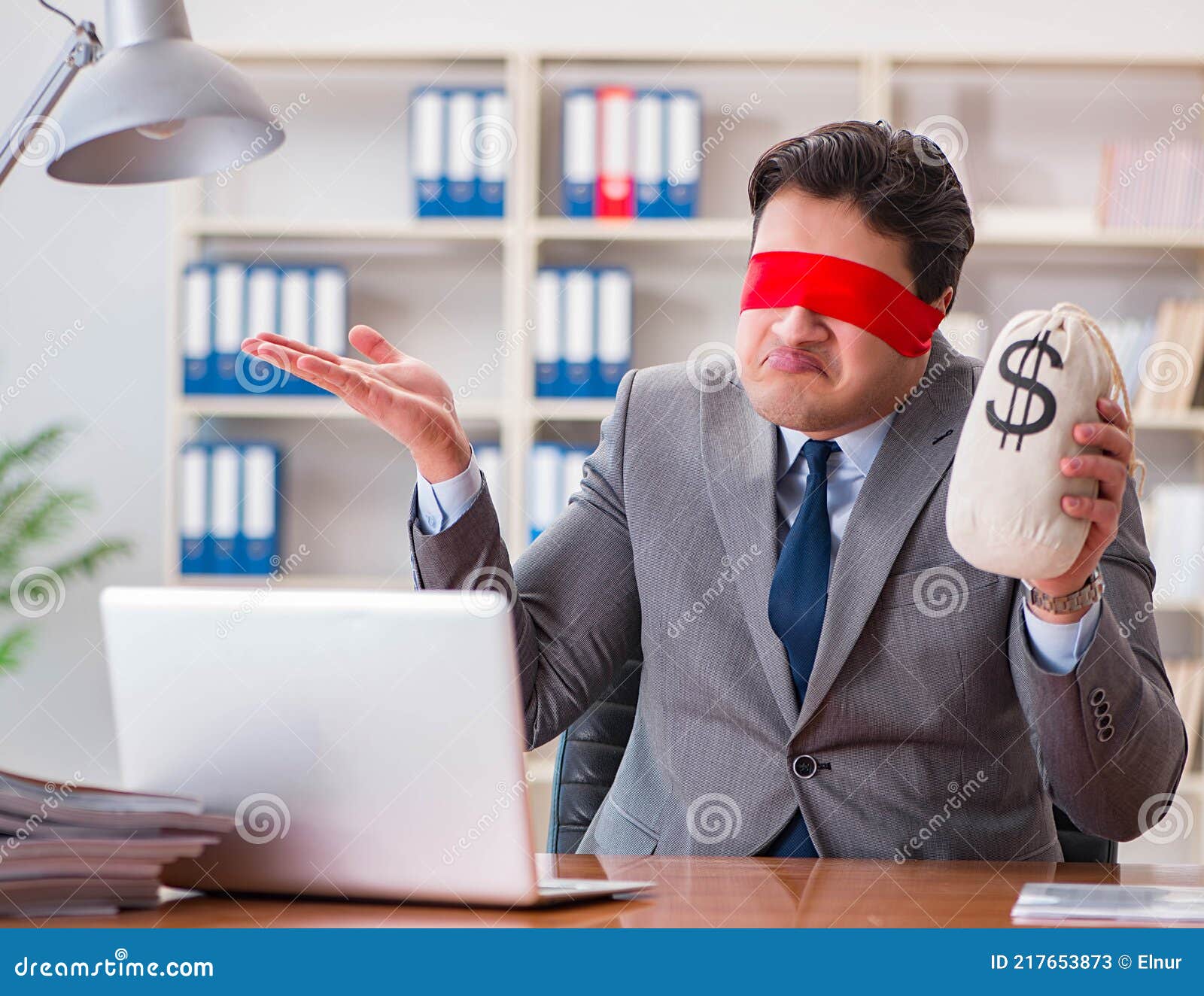 Blindfold Businessman Sitting at Desk in Office Stock Image - Image of ...