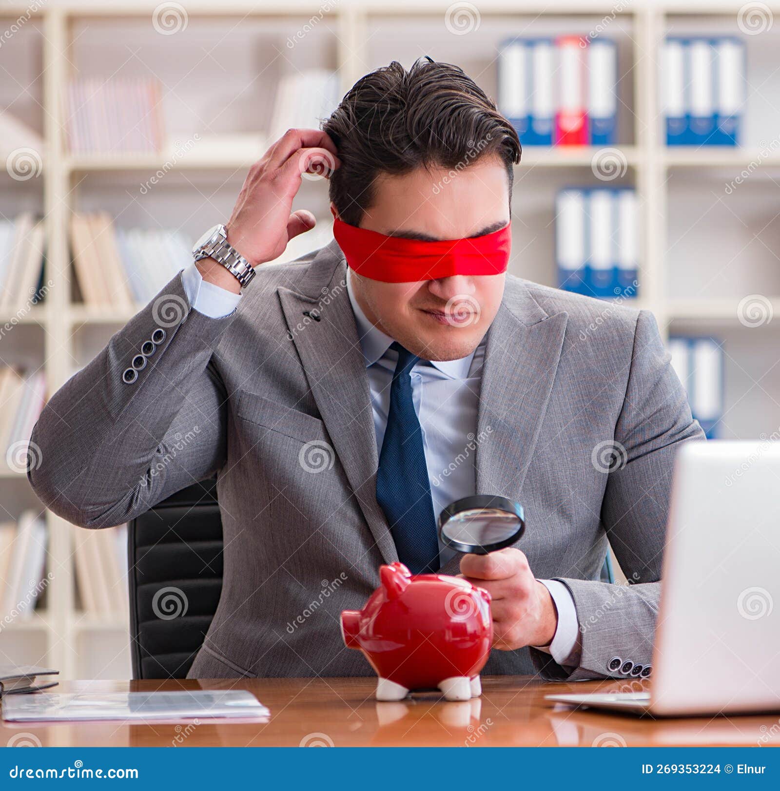 Blindfold Businessman Sitting at Desk in Office Stock Photo - Image of ...