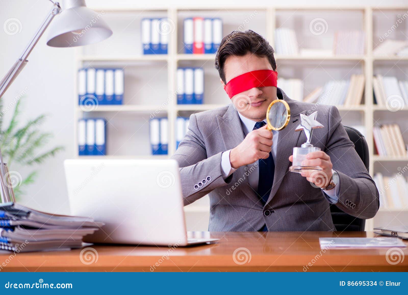 The Blindfold Businessman Sitting at Desk in Office Stock Photo - Image ...