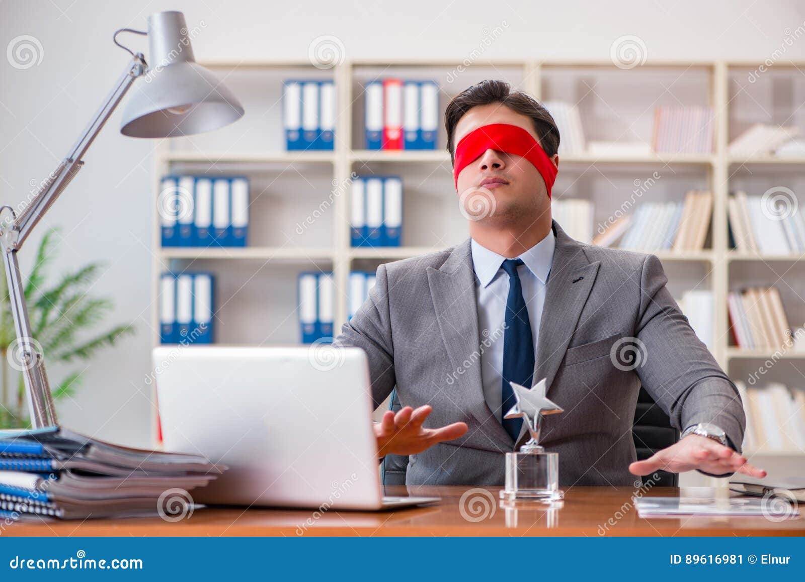 The Blindfold Businessman Sitting at Desk in Office Stock Image - Image ...