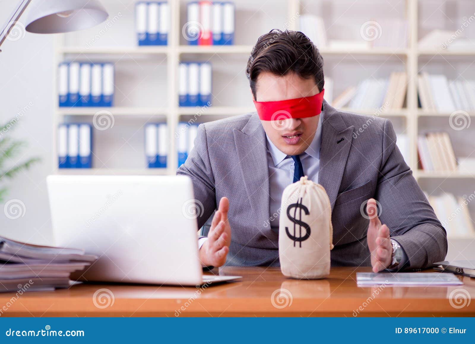 The Blindfold Businessman Sitting at Desk in Office Stock Photo - Image ...