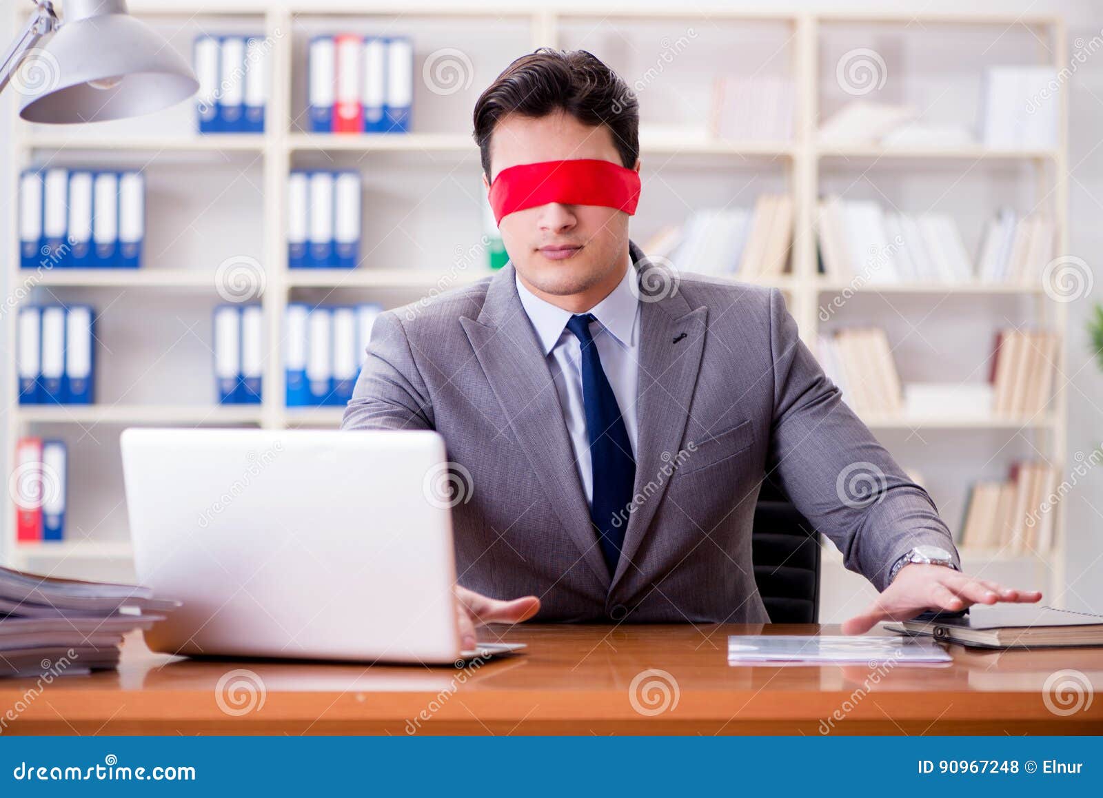 The Blindfold Businessman Sitting at Desk in Office Stock Photo - Image ...