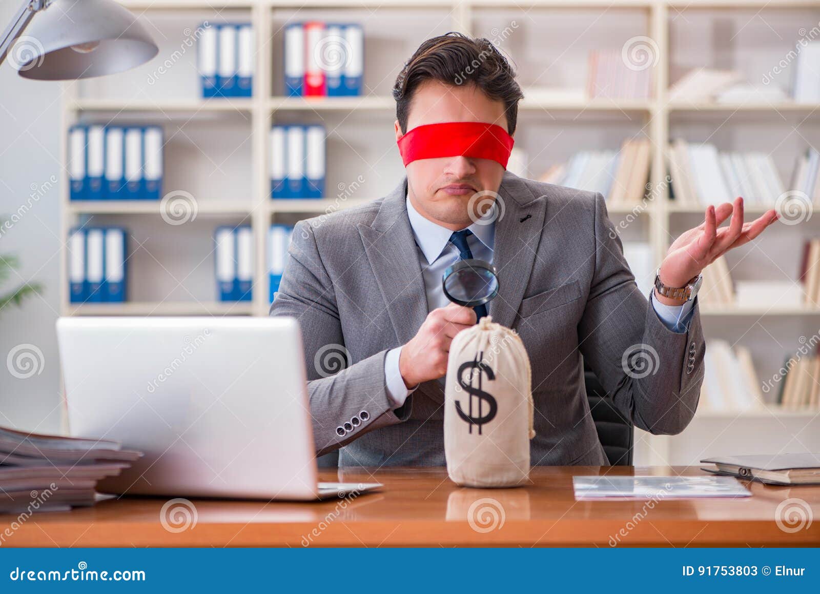 The Blindfold Businessman Sitting at Desk in Office Stock Image - Image ...