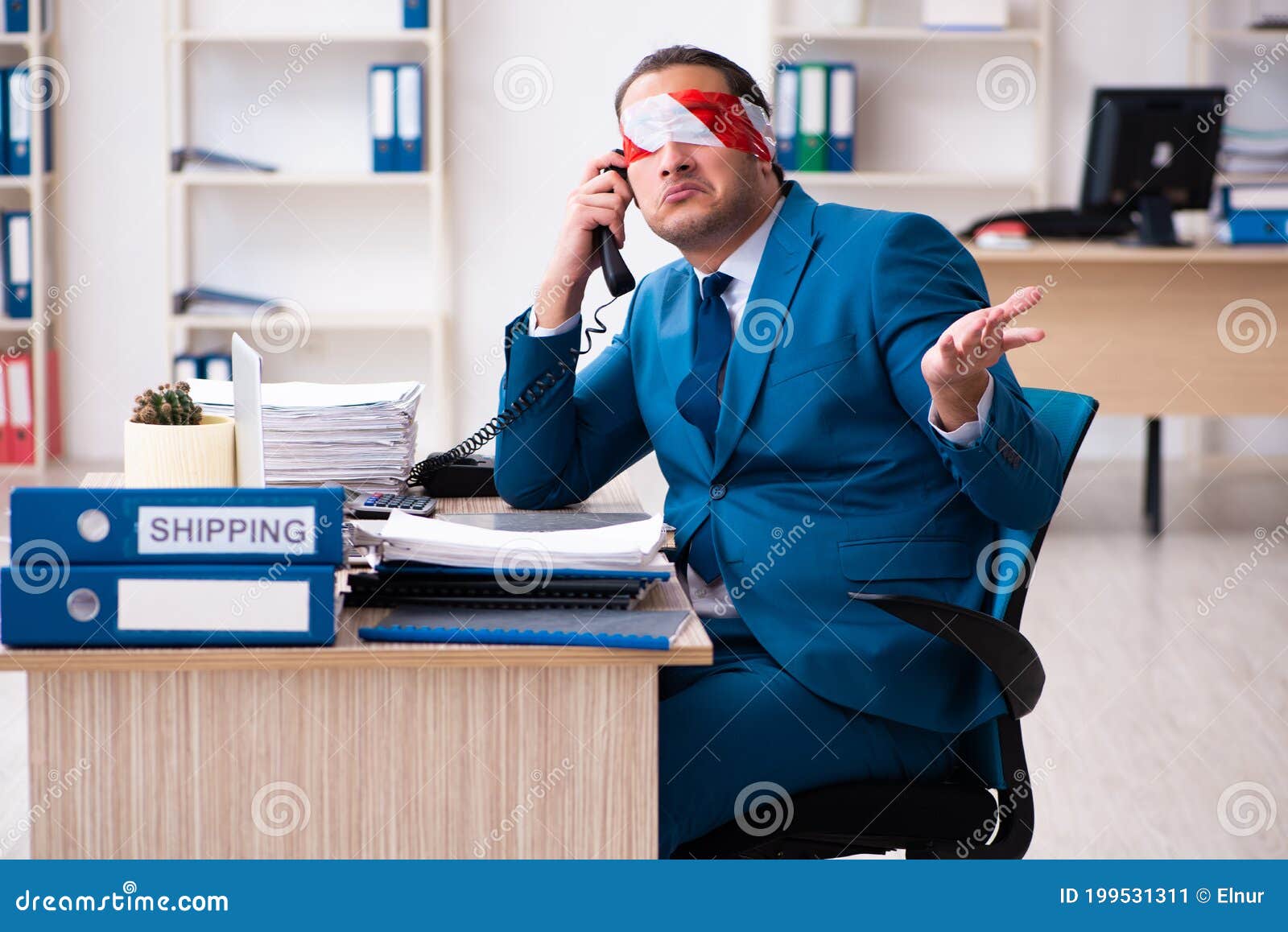 Blindfolded Male Employee Working in the Office Stock Image - Image of ...