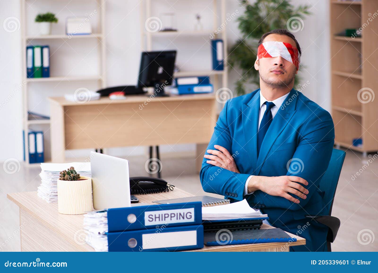 Blindfolded Male Employee Working in the Office Stock Image - Image of ...