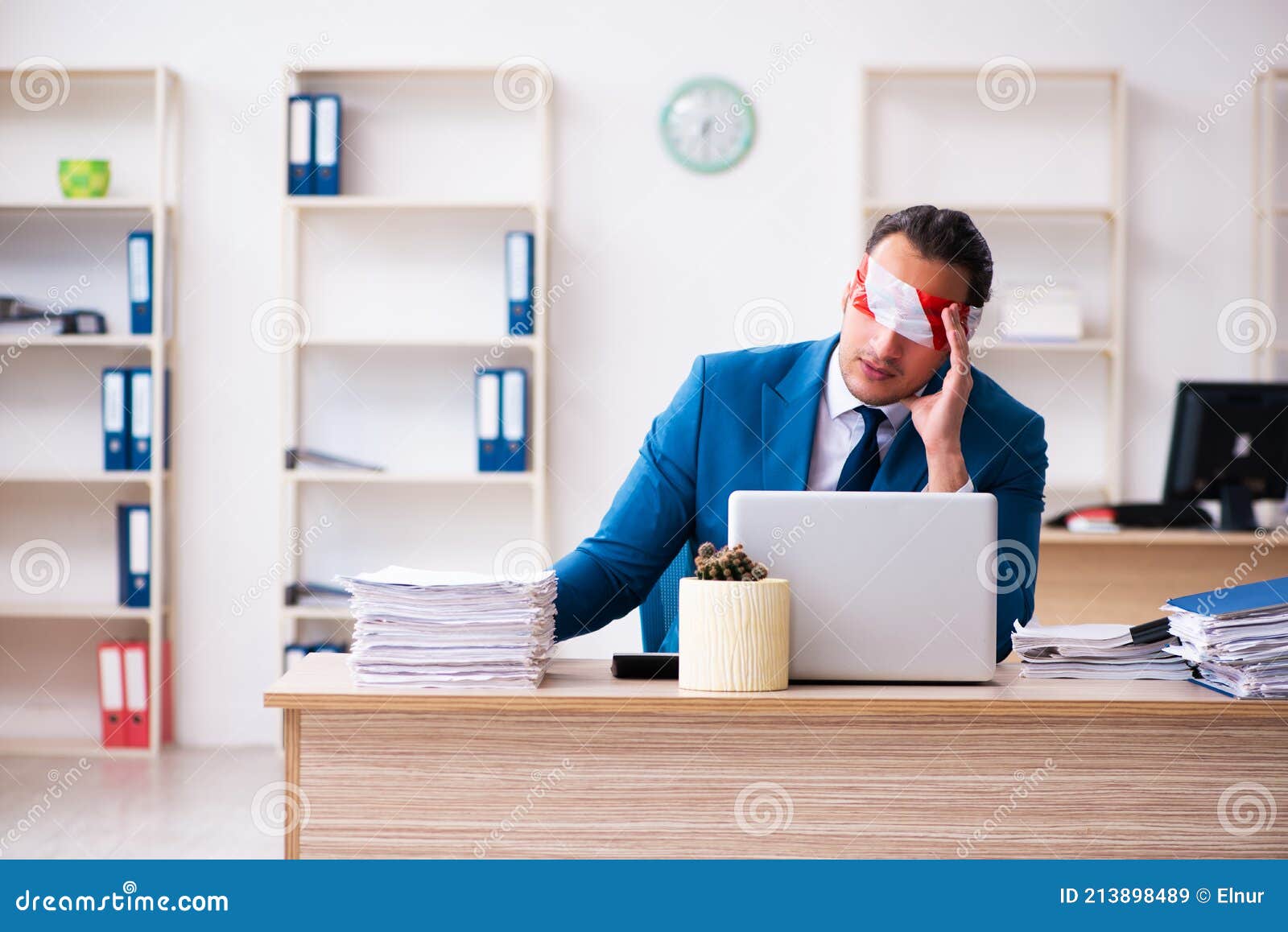 Blindfolded Male Employee Working in the Office Stock Image - Image of ...