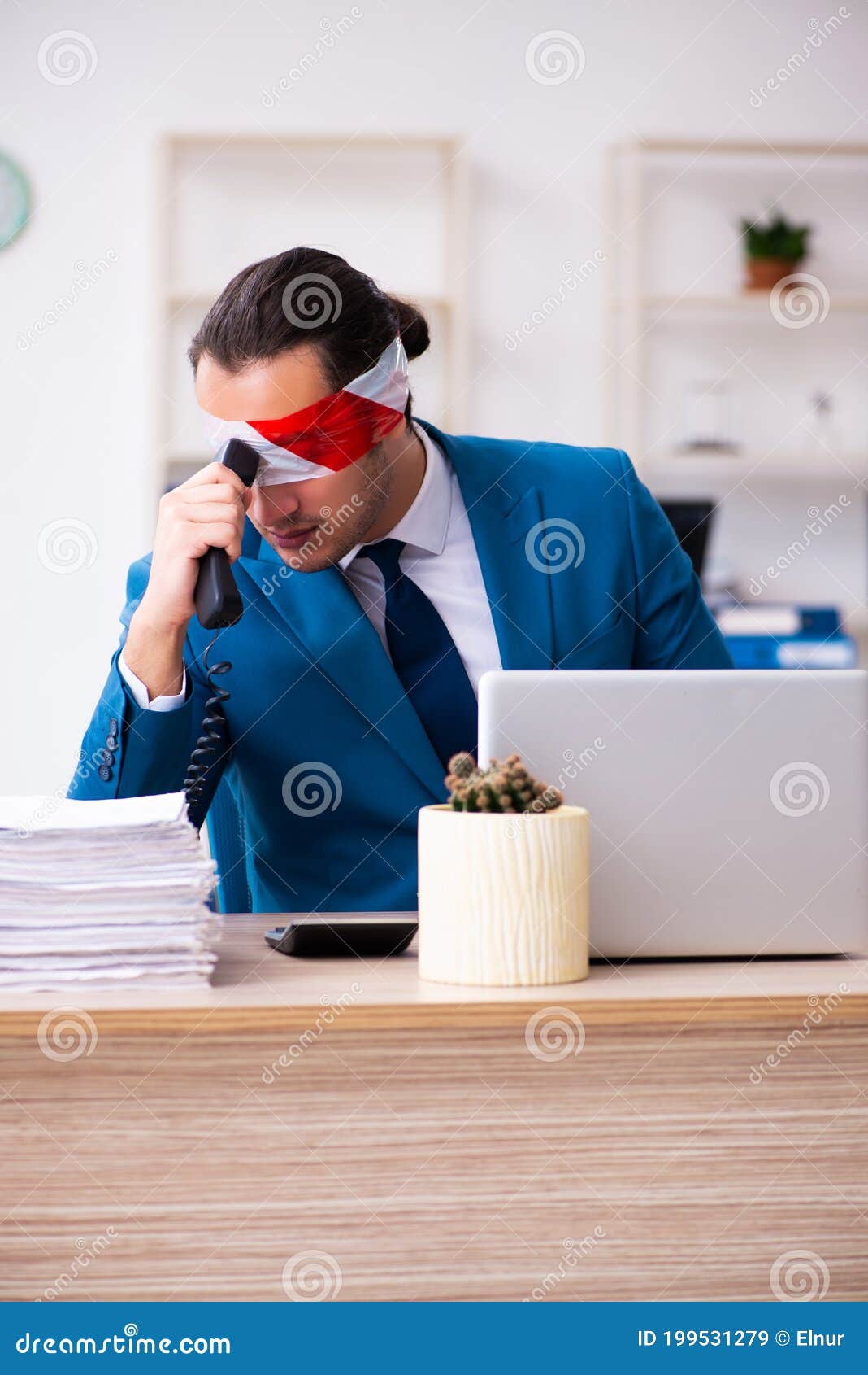 Blindfolded Male Employee Working in the Office Stock Image - Image of ...