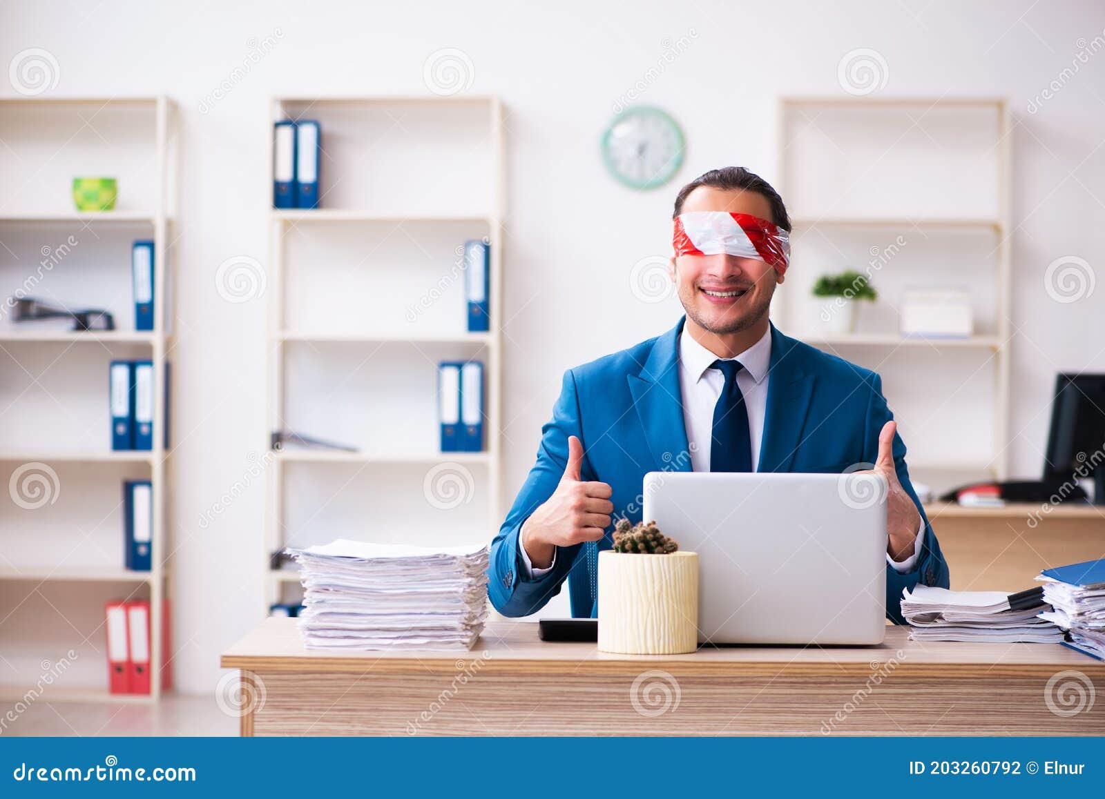 Blindfolded Male Employee Working in the Office Stock Photo - Image of ...