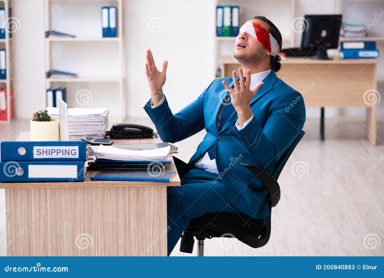 Blindfolded Male Employee Working in the Office Stock Image - Image of ...