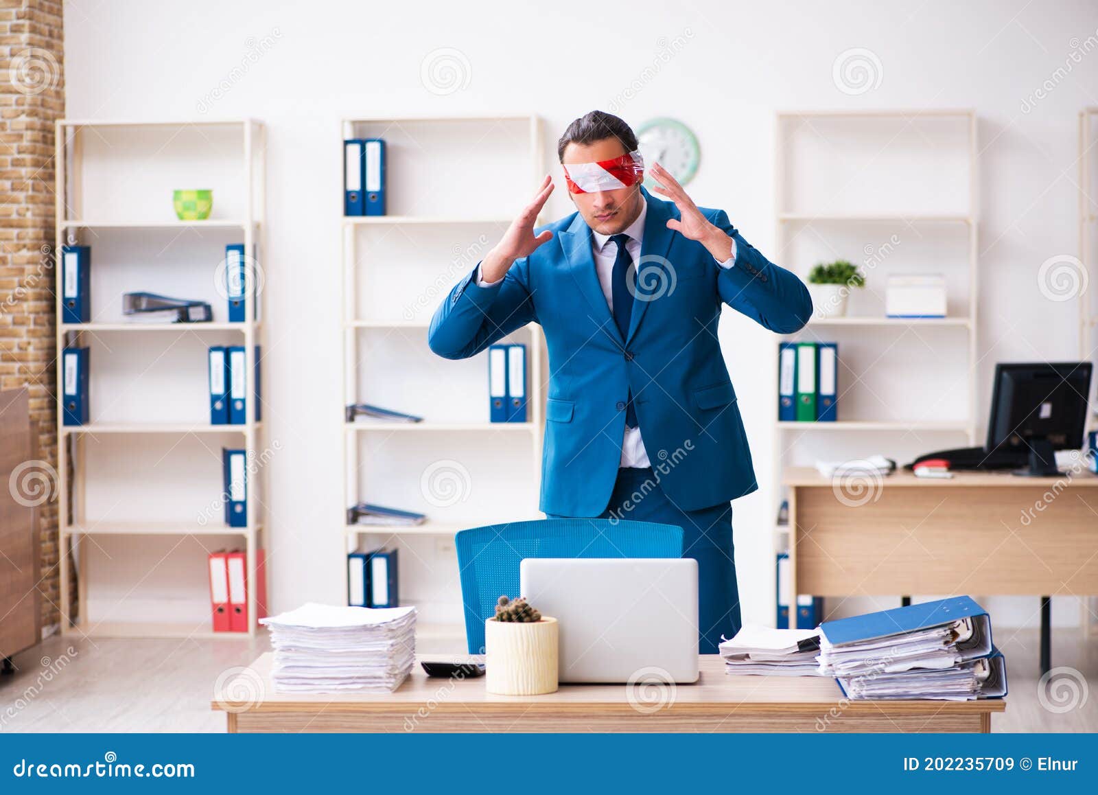 Blindfolded Male Employee Working in the Office Stock Image - Image of ...