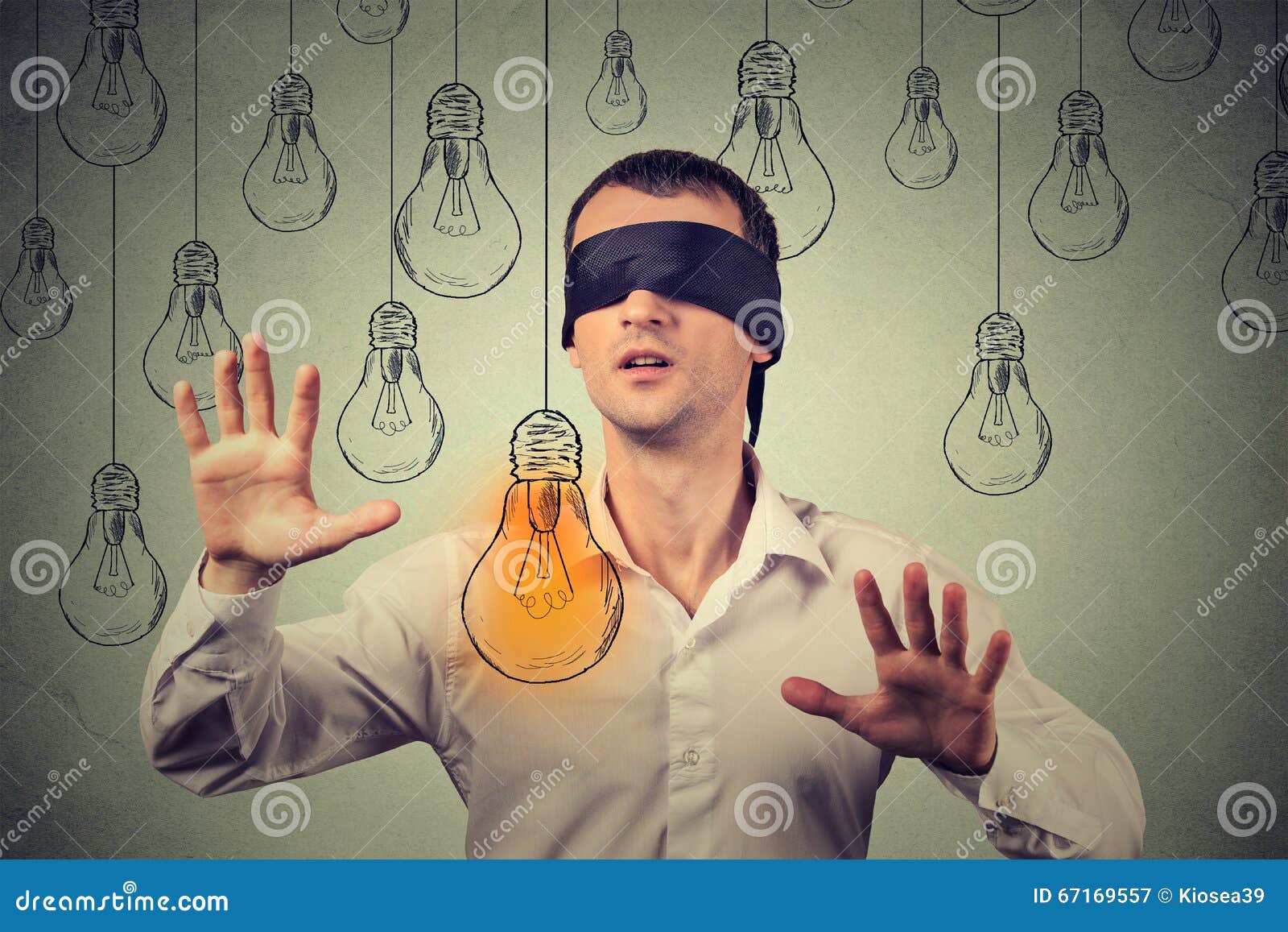 Blindfolded Man Walking through Light Bulbs Searching for Bright Idea ...