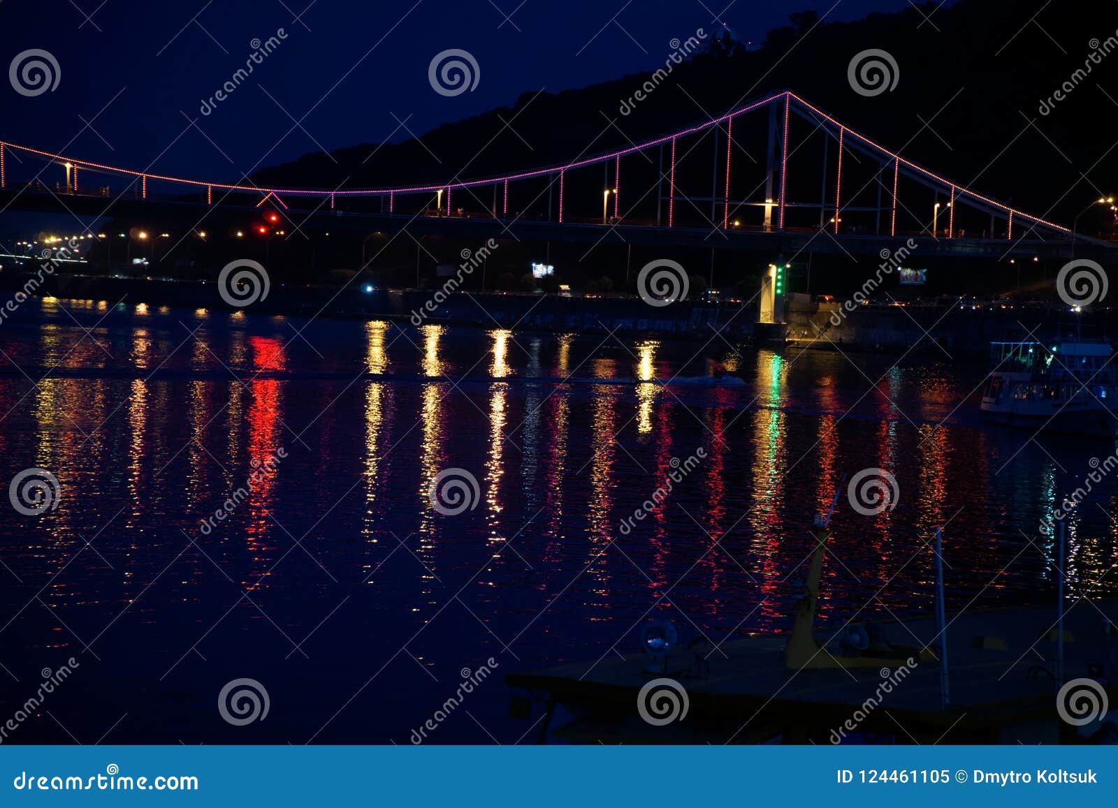 Blinking Lights on Night Bridge, Sparkle in Water Reflection Stock ...