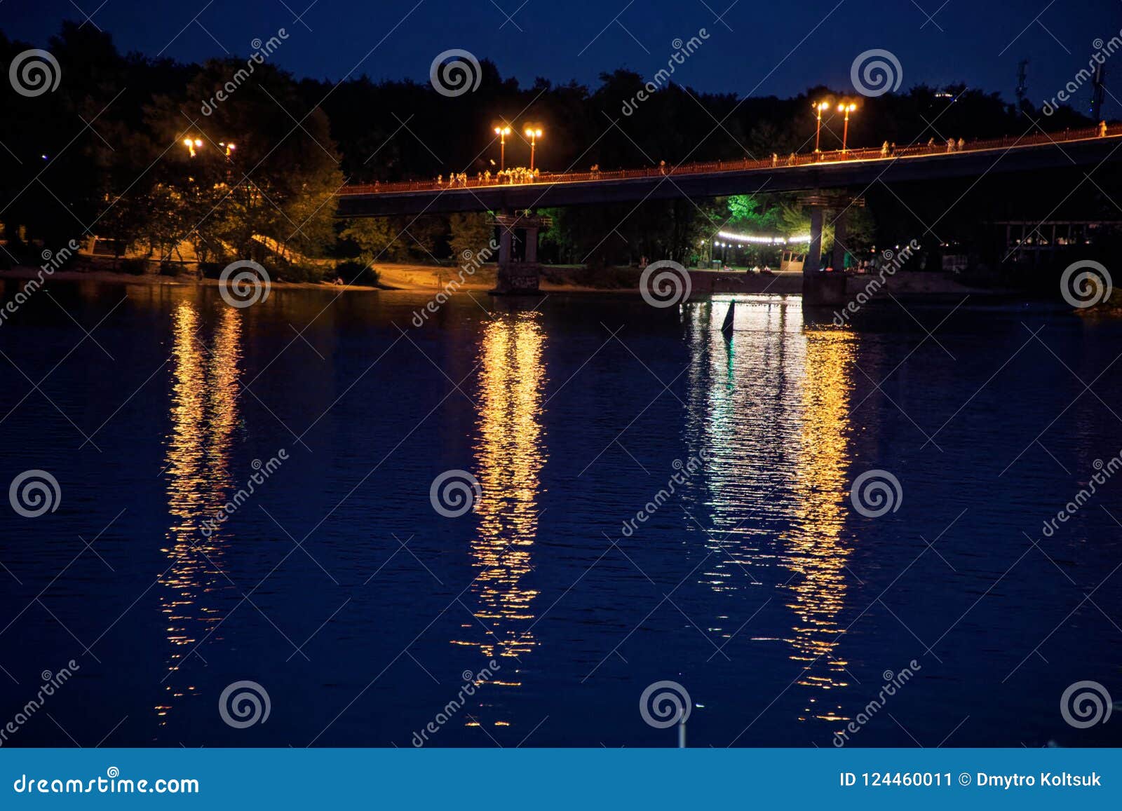 Blinking Lights on Night Bridge, Sparkle in Water Reflection Stock ...