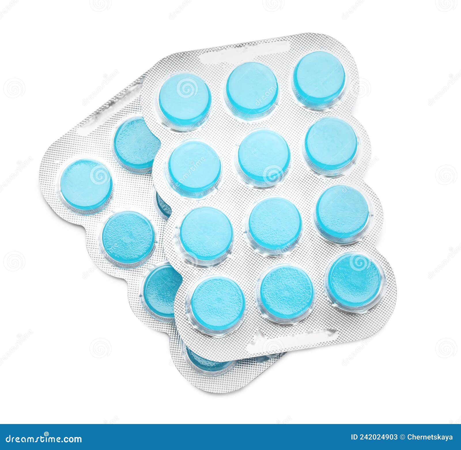 Blisters with Blue Cough Drops on White Background, Top View Stock ...