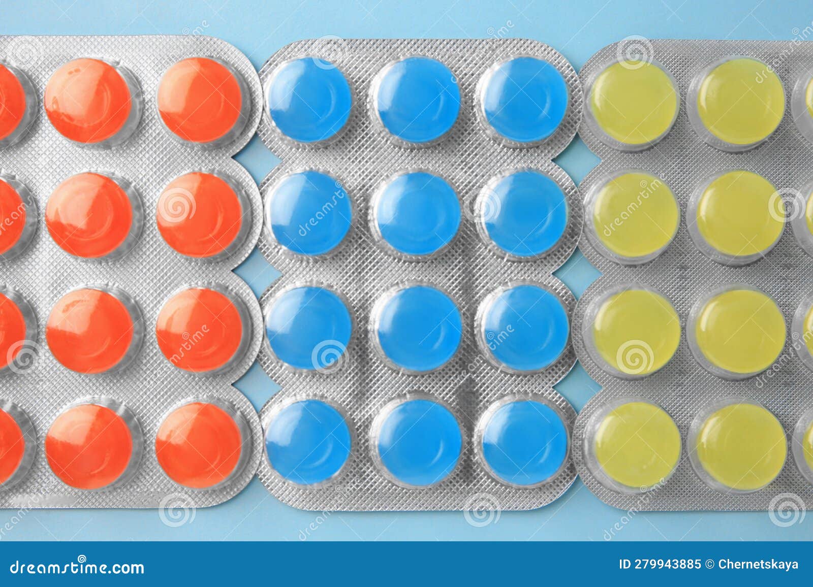 Blisters with Cough Drops on Light Blue Background, Flat Lay Stock ...