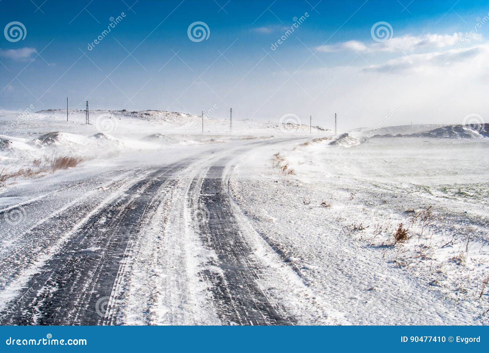 Blizzard by a frozen road stock photo. Image of landscape - 90477410