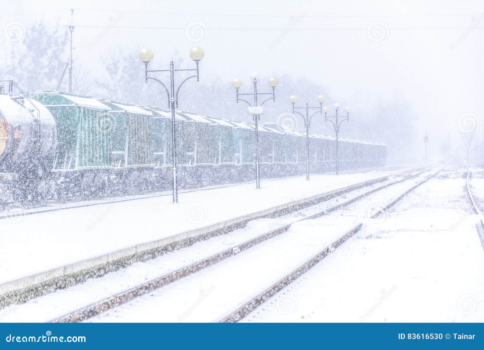 Blizzard on Railway, Freight Train in Snow Stock Photo - Image of ...
