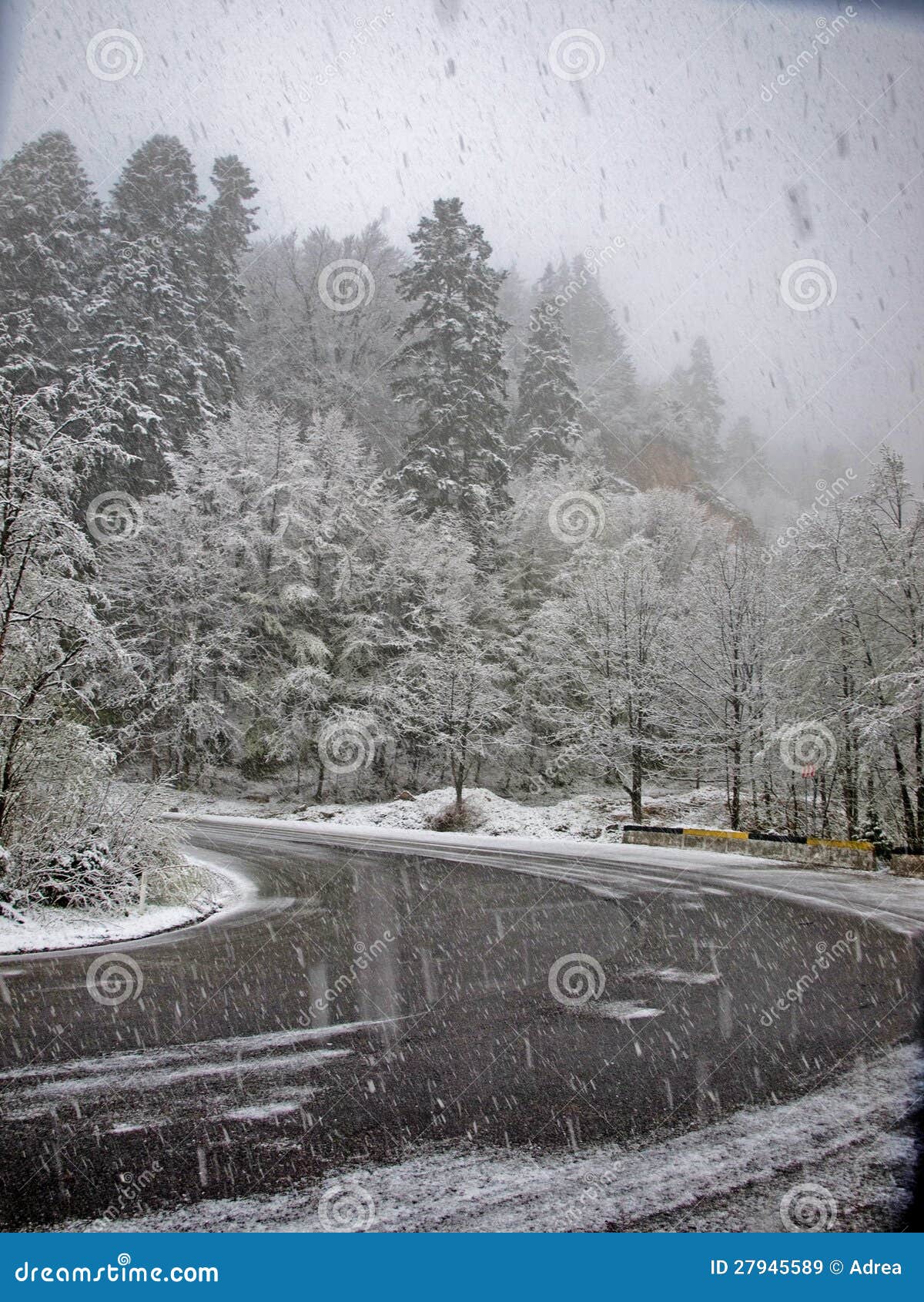 Heavy Snow Falling and a Mountain Road Stock Image - Image of landscape ...