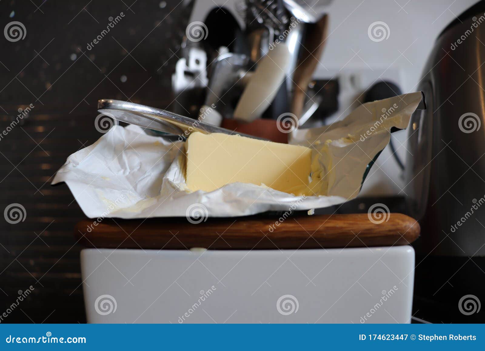 Block of Butter Unwrapped in the Kitchen Surface Stock Image - Image of ...