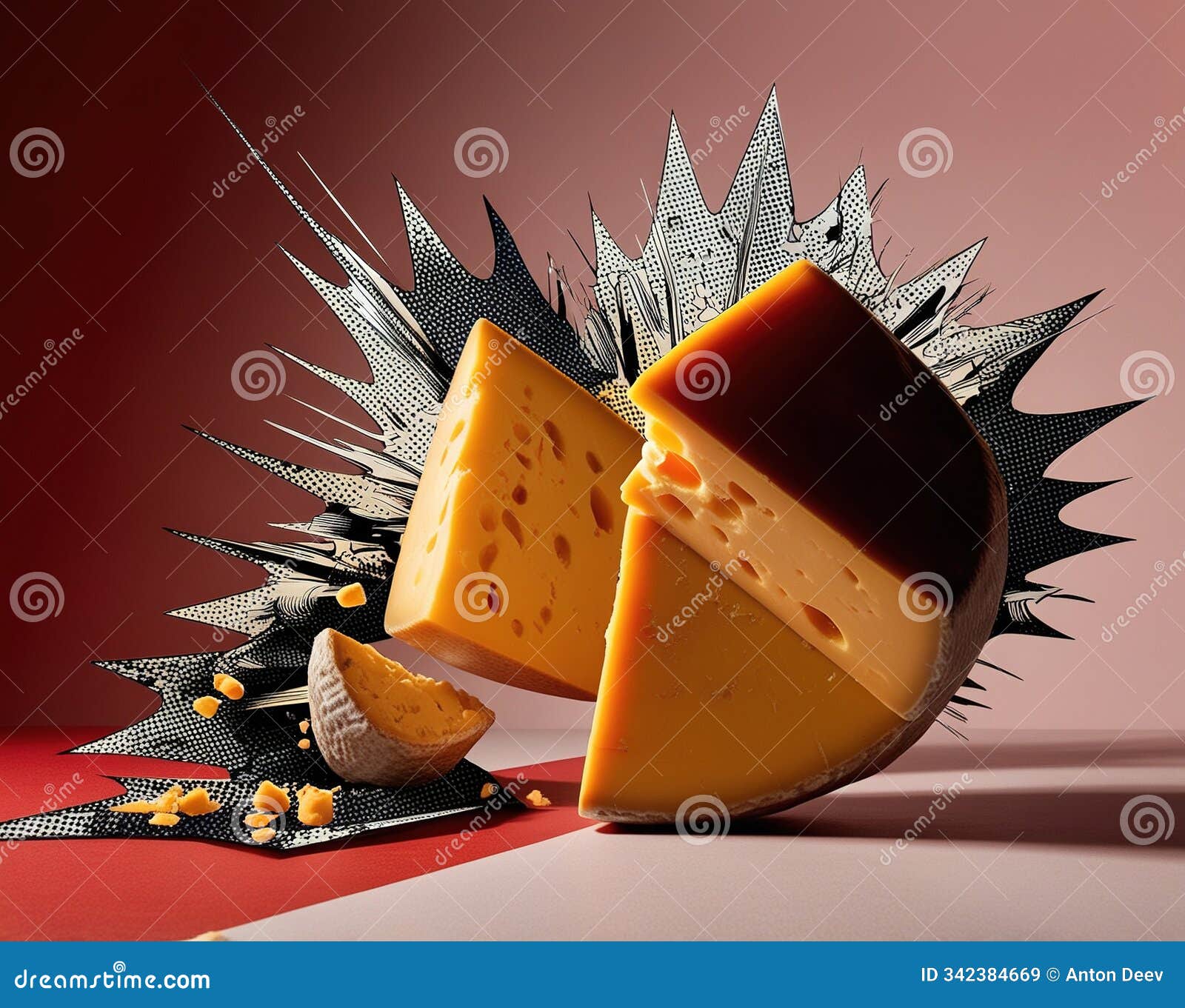 A Block of Cheese with Cubes Cut from it, Placed Against a Vibrant Red ...