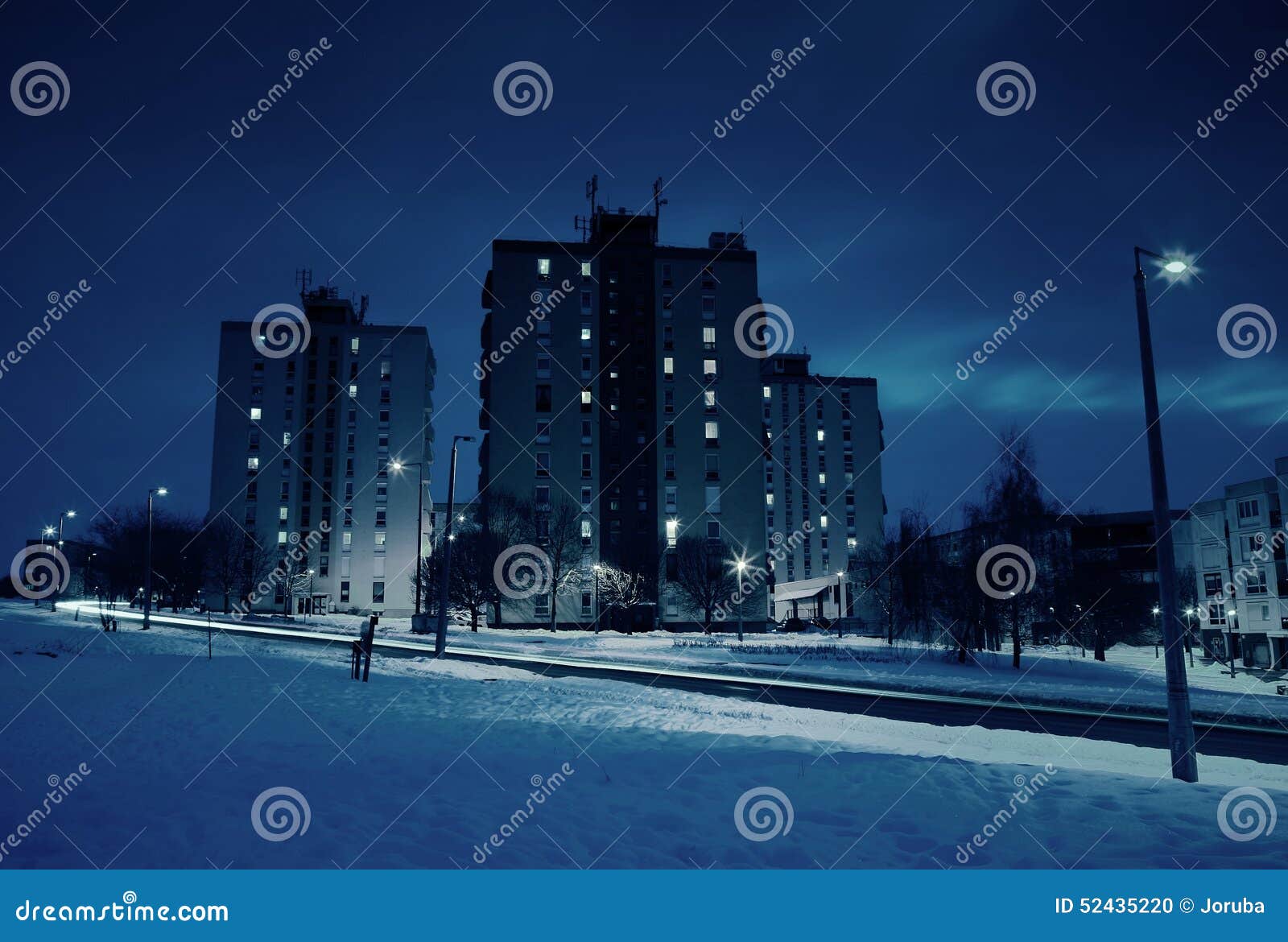 Block of Flats in Winter at Night Stock Photo - Image of blue, hungary ...