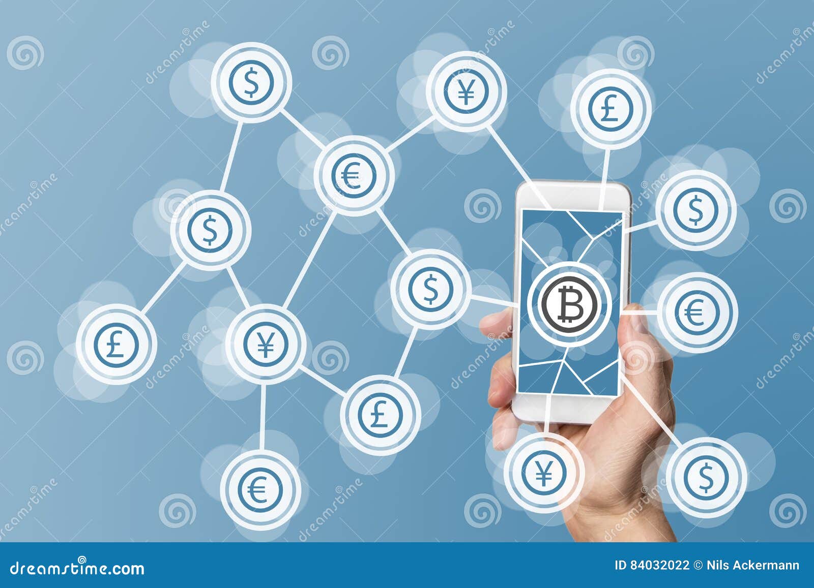 Blockchain and Bitcoin Technology and Mobile Computing Concept on Blue ...