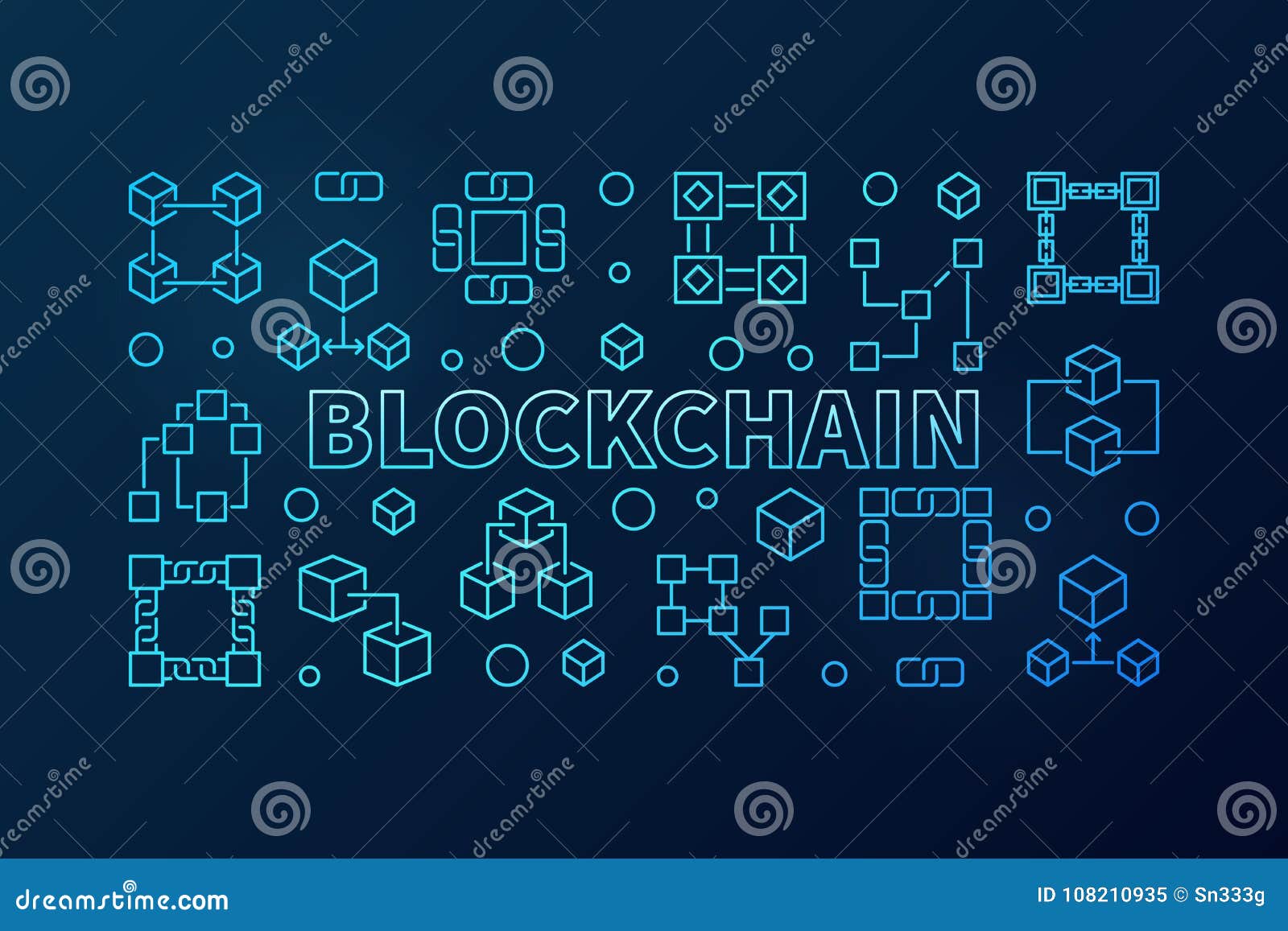 Blockchain Blue Vector Illustration Or Banner In Thin Line Style Stock