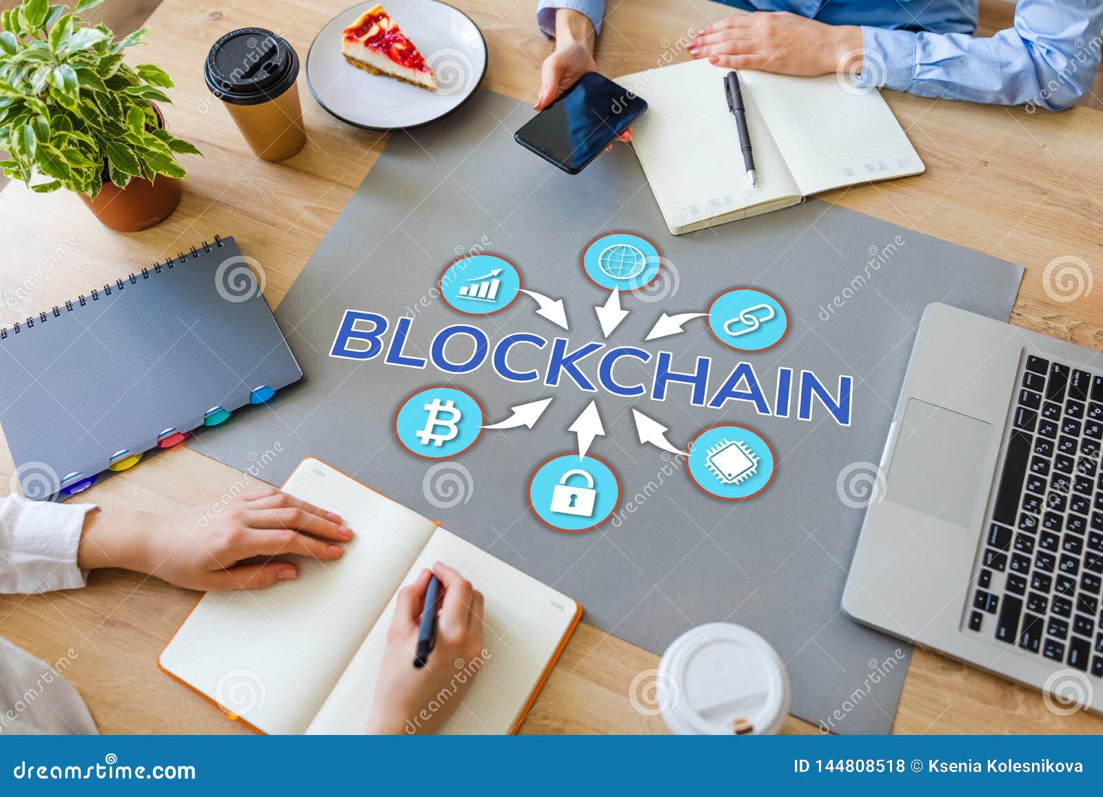 Blockchain Concept on Office Desktop. FInancial Technology and ...