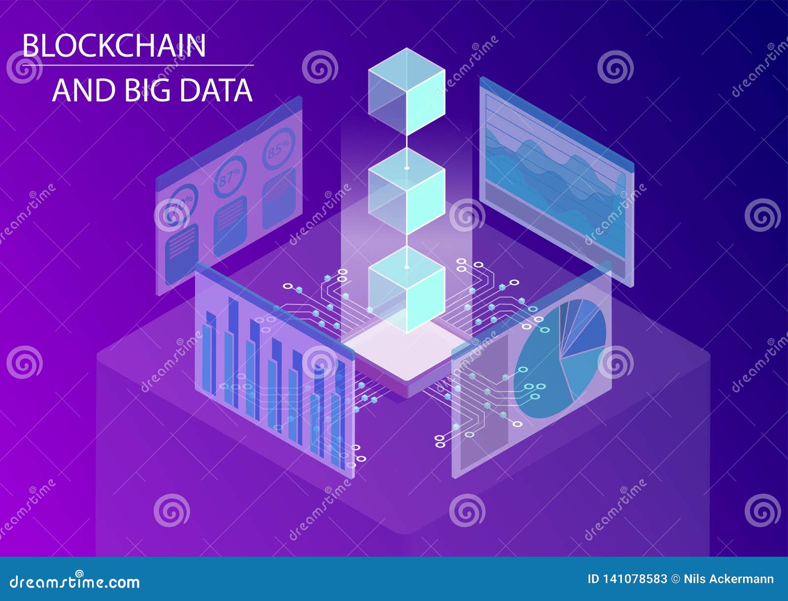 Blockchain En Groot Gegevensconcept 3d Isometrische Vectorillustratie