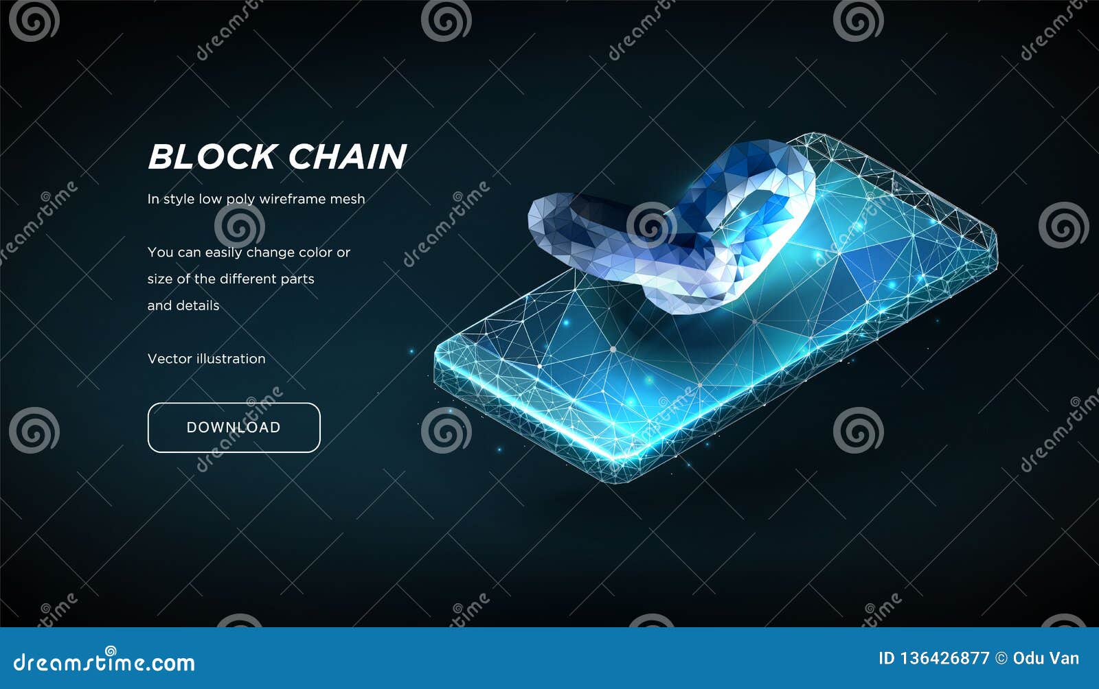 Blockchain Link Sign and Smartphone of the Low Poly Wireframe on Dark ...