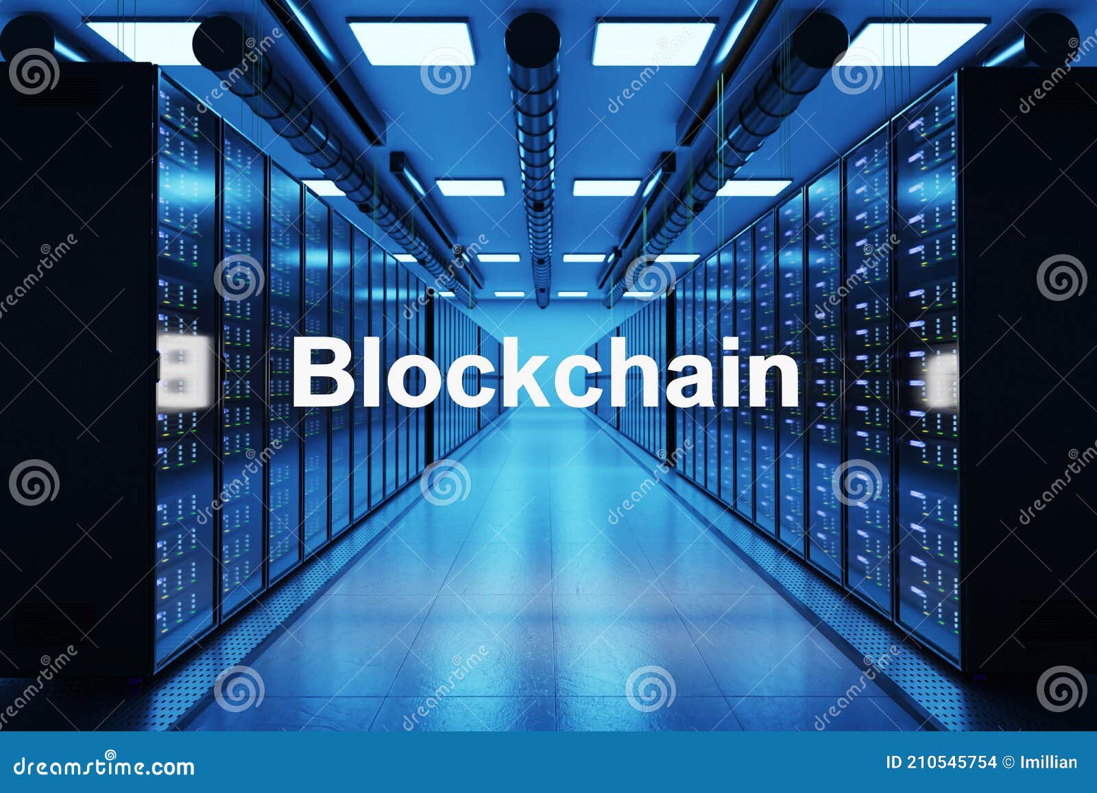 Blockchain Logo in Large Modern Data Center with Multiple Rows of ...