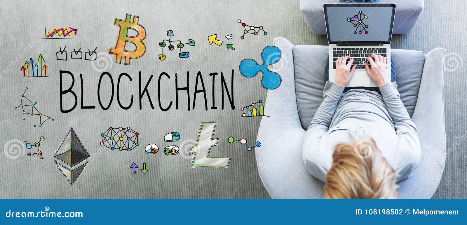 Blockchain with Man Using a Laptop Stock Photo - Image of chair ...
